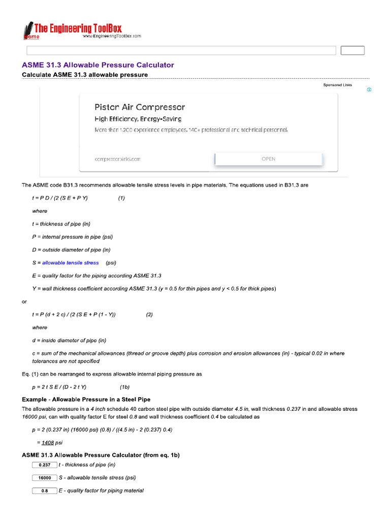 ASME 31.3 Allowable Pipe Pressure Calculator | PDF