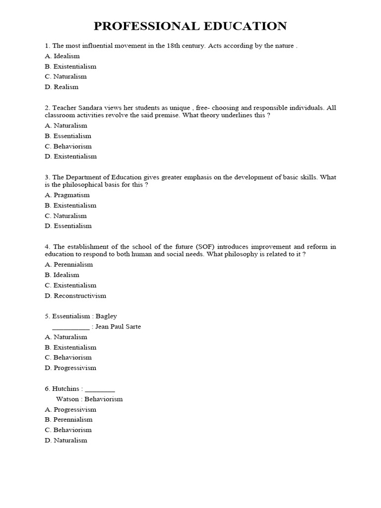 PROFESSIONAL EDUCATION TEST_4 | PDF | Essentialism | Philosophy Of ...