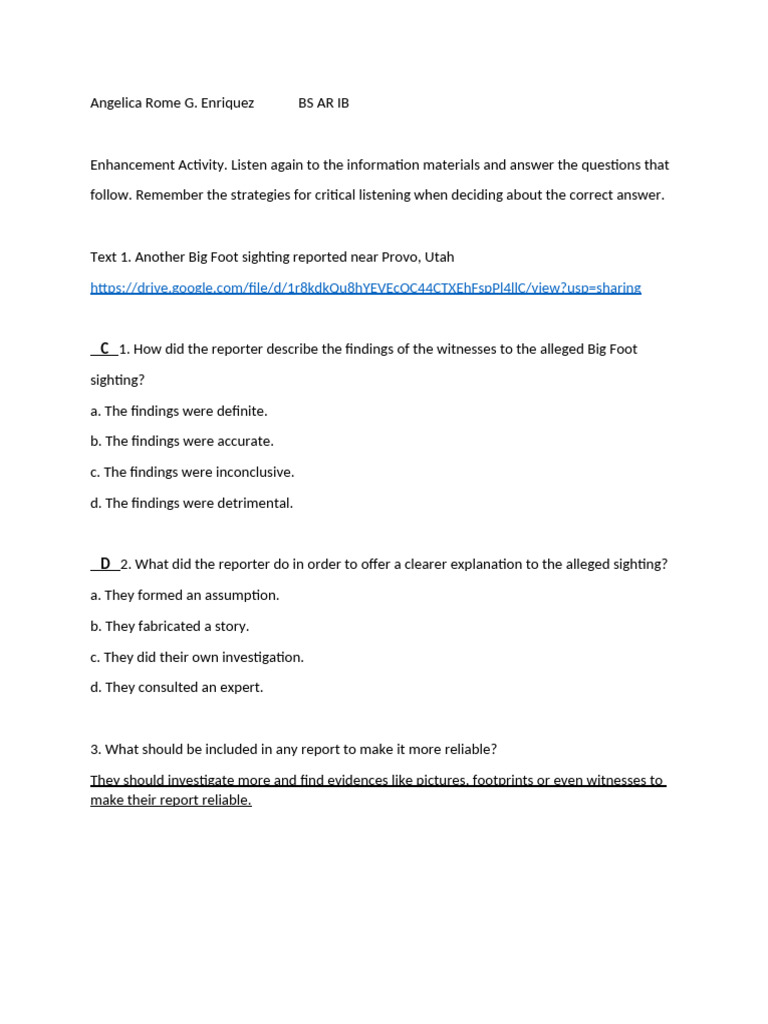 Enhancement Activity. Listen Again To The Information Materials and ...