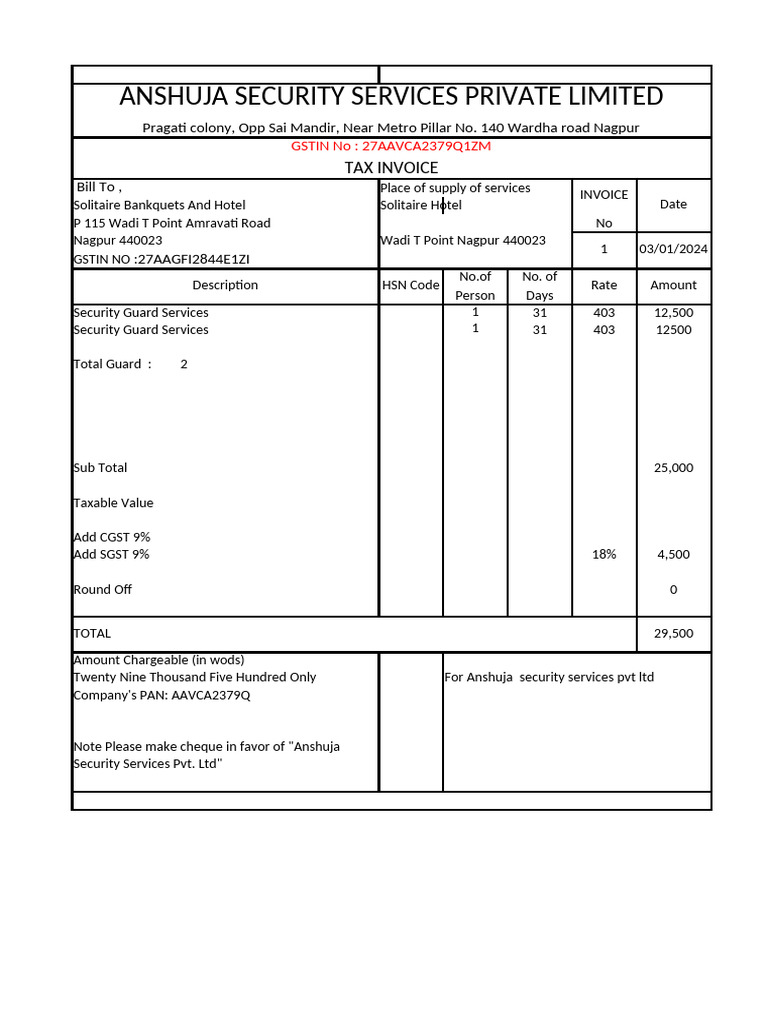 Security Services Invoice - Anshuja Pvt Ltd | PDF