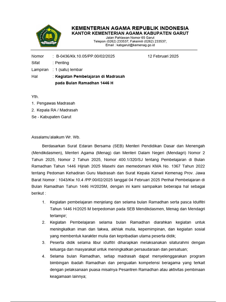 Surat Kegiatan Pembelajaran Di Madrasah Pada Bulan Ramadhan 1446 H | PDF