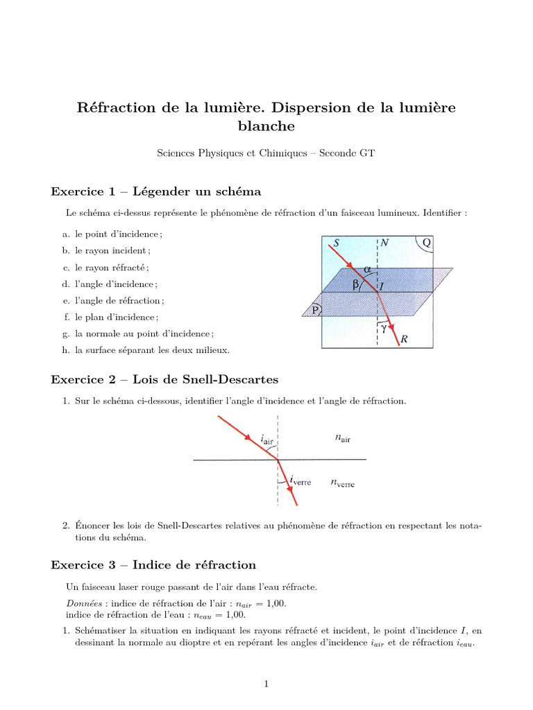 Exercices sur la Réfraction de la Lumière | PDF | Réfraction | Indice ...