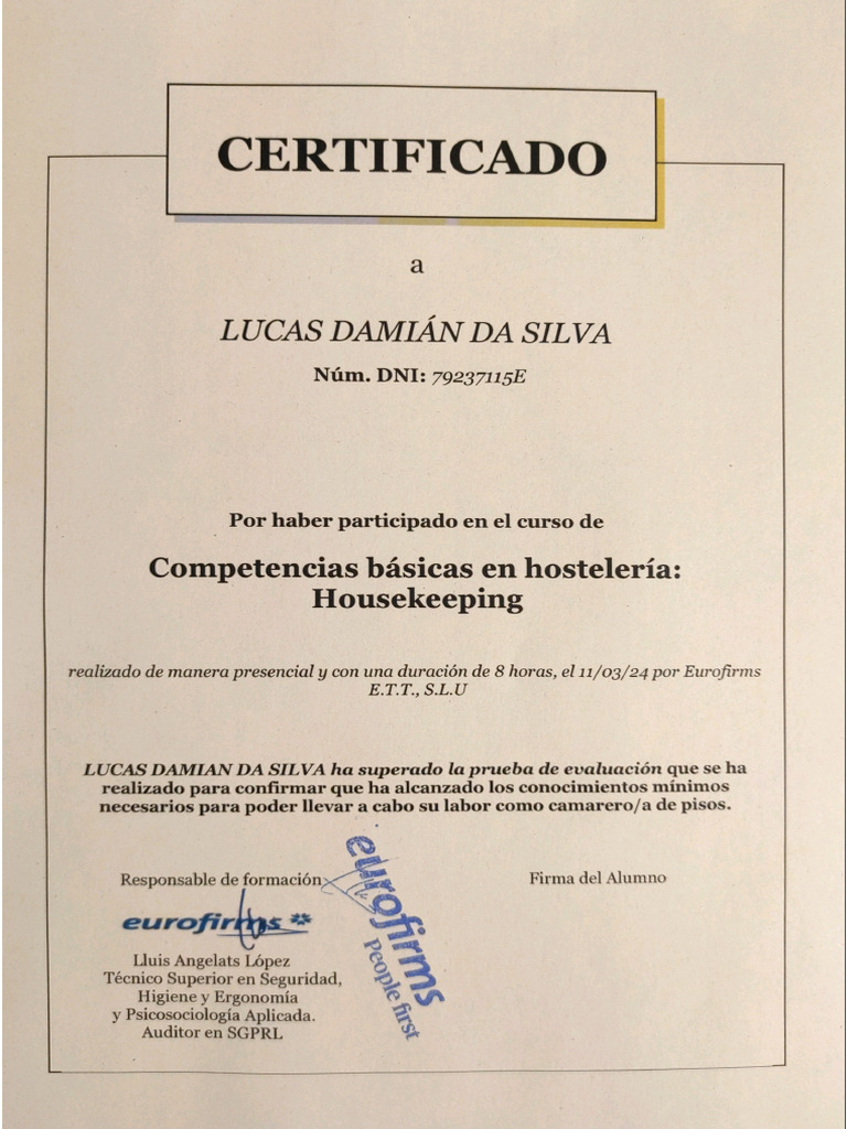 Housekeeping Certificate Ldsilva | PDF
