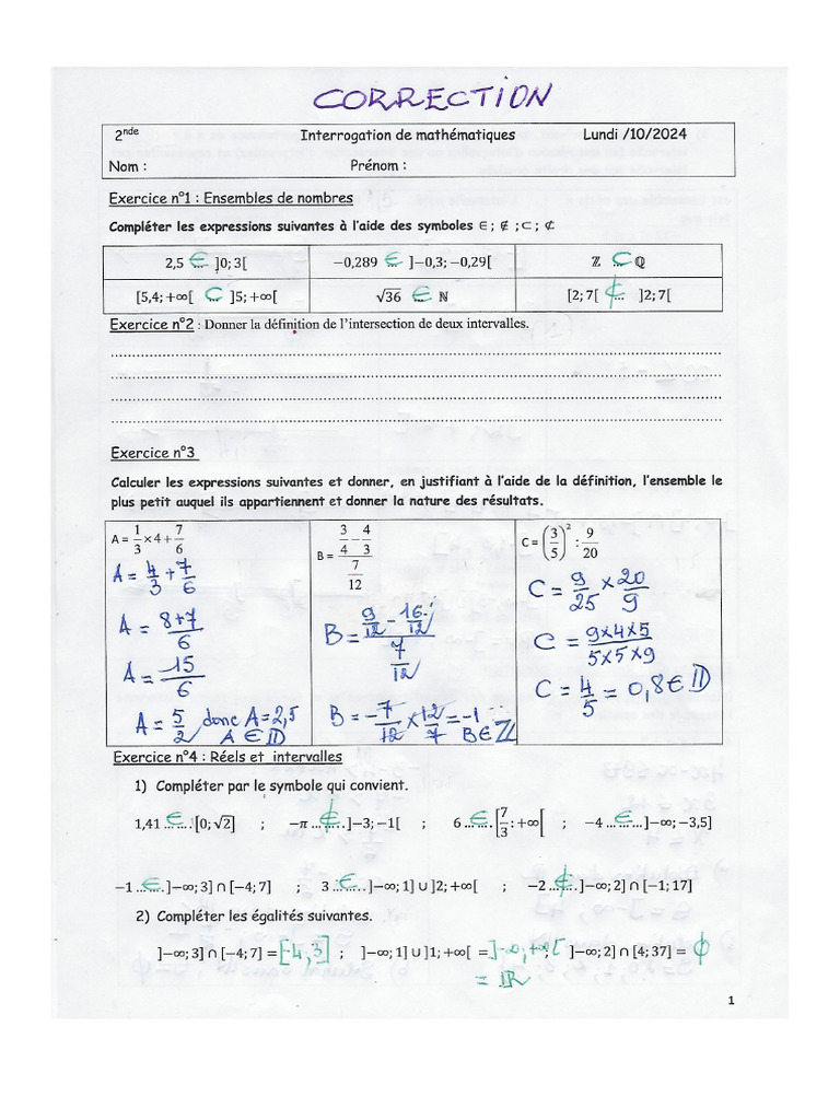CORRECTION_INTERRO_n°_1_ENSEMBLE_et_INTERVALLES_OCTOBRE__2024 | PDF