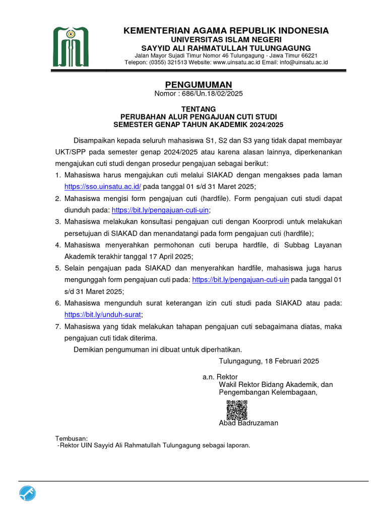 Pengumuman Perubahan Alur Pengajuan Cuti Studi Semester Genap Tahun ...