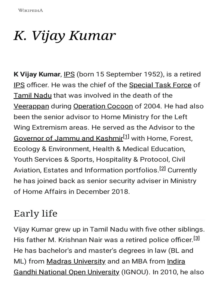 K. Vijay Kumar - Wikipedia | PDF | Government Of India | Law Enforcement