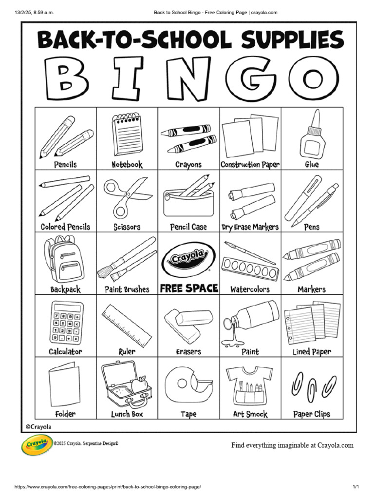 Back To School Bingo - Free Coloring Page | PDF