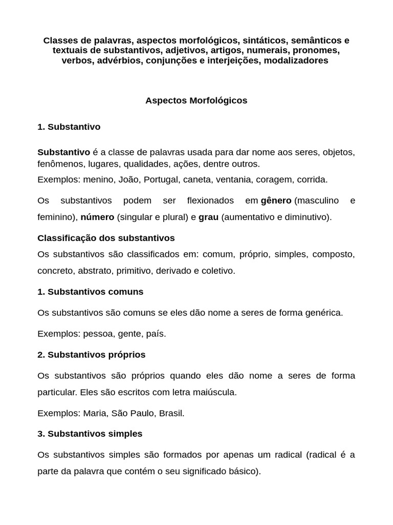 Classes de Palavras, Aspectos Morfológicos, Sintáticos, Semânticos e ...