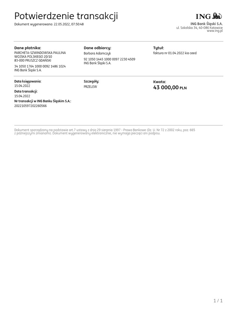 Potwierdzenie Transakcji NR 0133820268 220522 | PDF