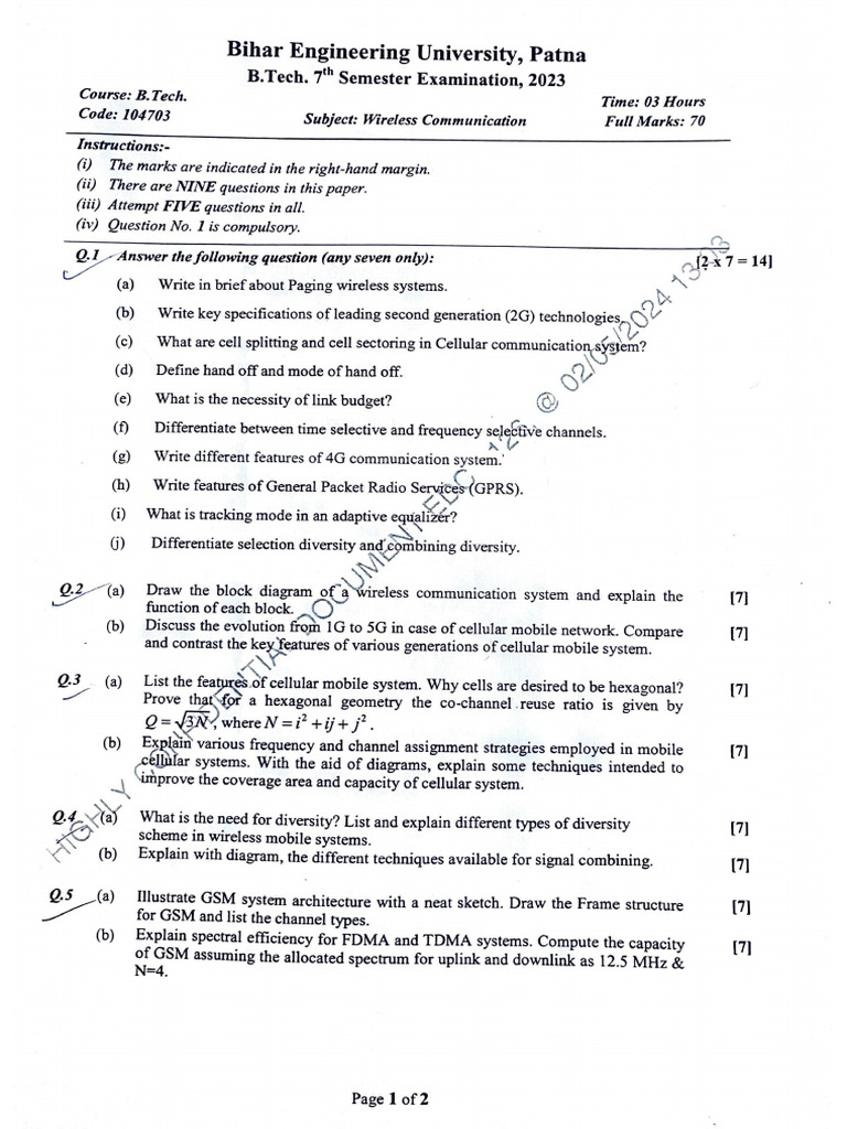 End - Sem (2020-Batch) Bihar Engineer Ece Question Paper | PDF