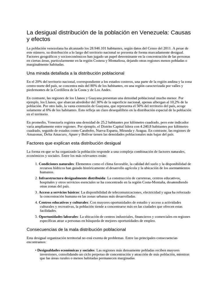 La Desigual Distribución de La Población en Venezuela - Causas y Efectos | PDF | Venezuela ...