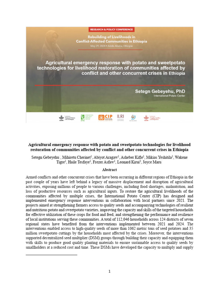 Agricultural emergency response with potato and sweetpotato ...