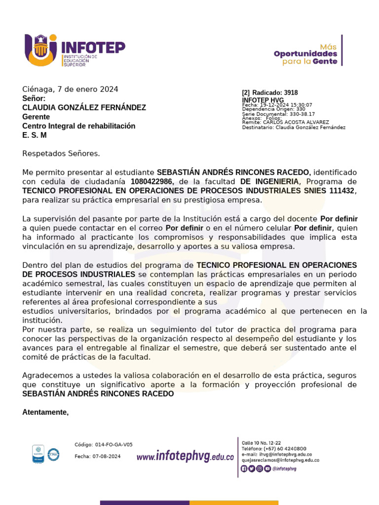 CARTA DE PRACTICAS Sebas | PDF