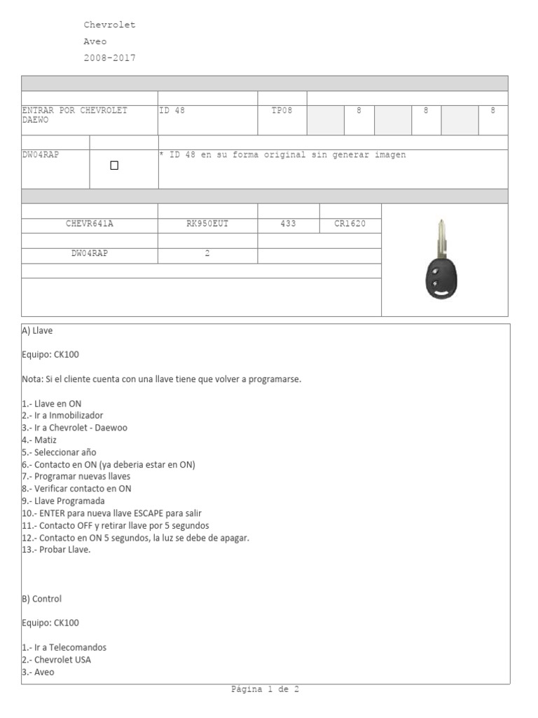 Programación de Llave y Control Chevrolet Aveo | PDF