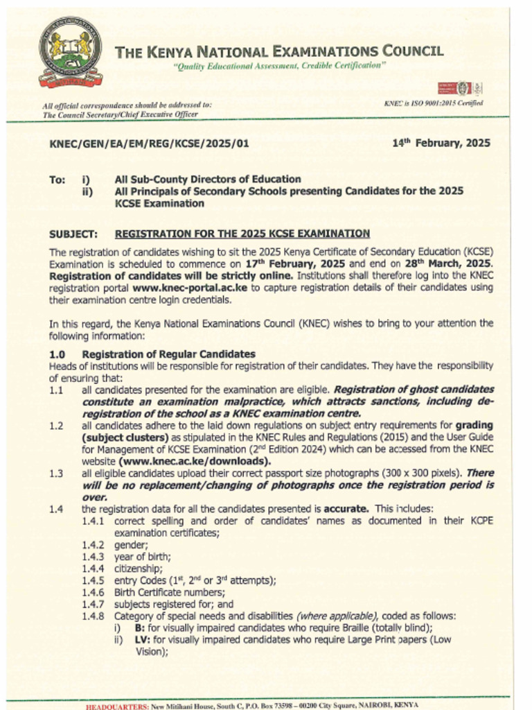2025 Kcse Registration Circular Approved 2 | PDF