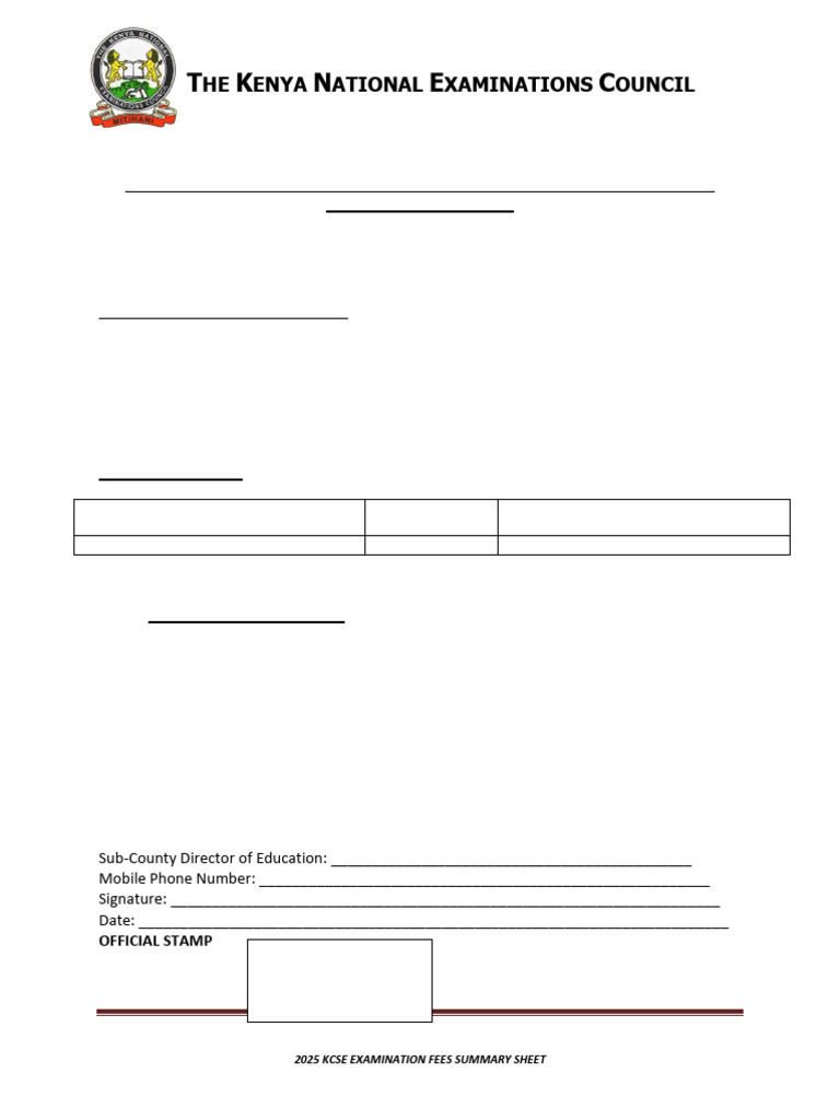 Updated 2025 KCSE Fees Summary Sheets | PDF