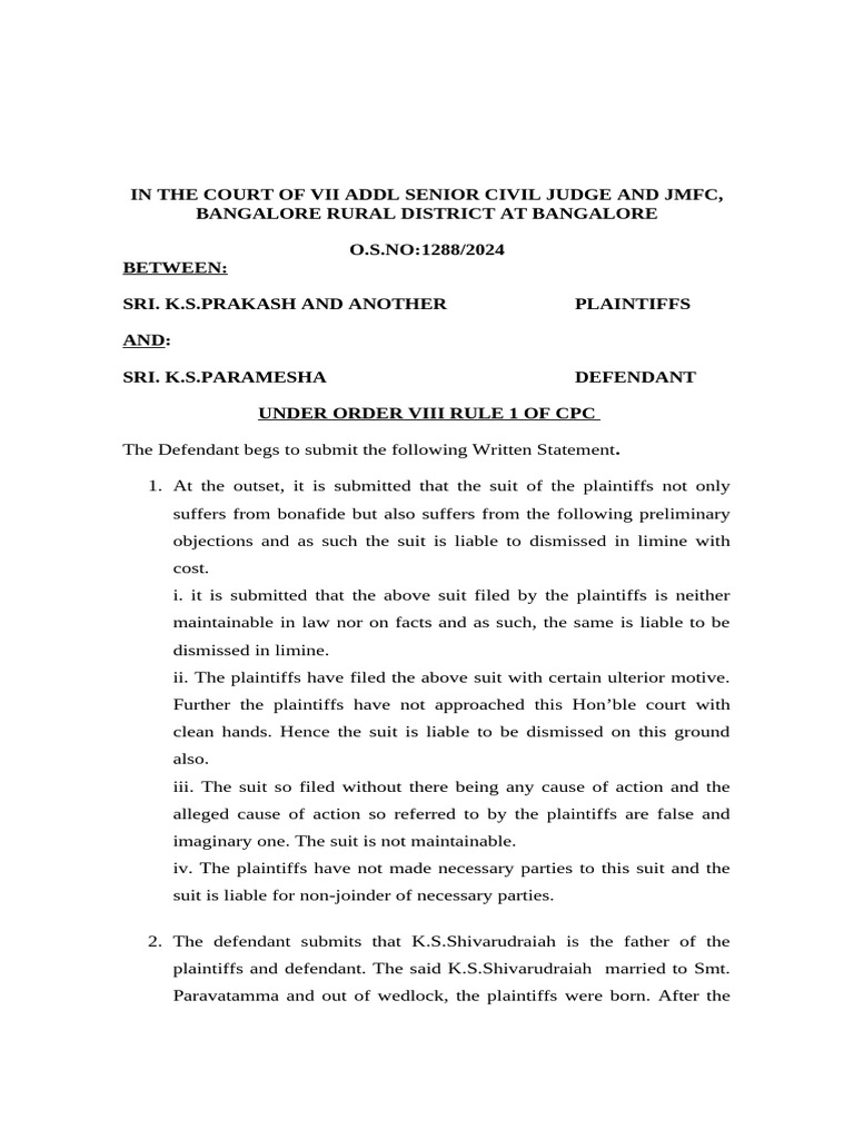 Written Statement in O.S.No:1288/2024 | PDF | Lawsuit | Common Law