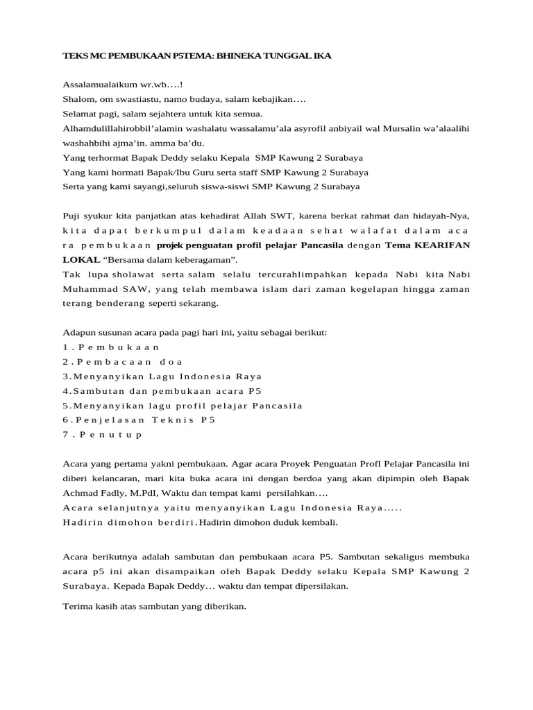 TEKS MC PEMBUKAAN P5TEMA | PDF