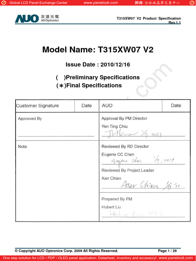 Panel_AUO_T315XW07_V2_0 | PDF | Backlight | Liquid Crystal Display