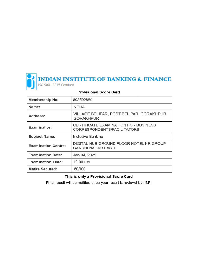 NEHA K 001 IIBF CERTIFICATE | PDF