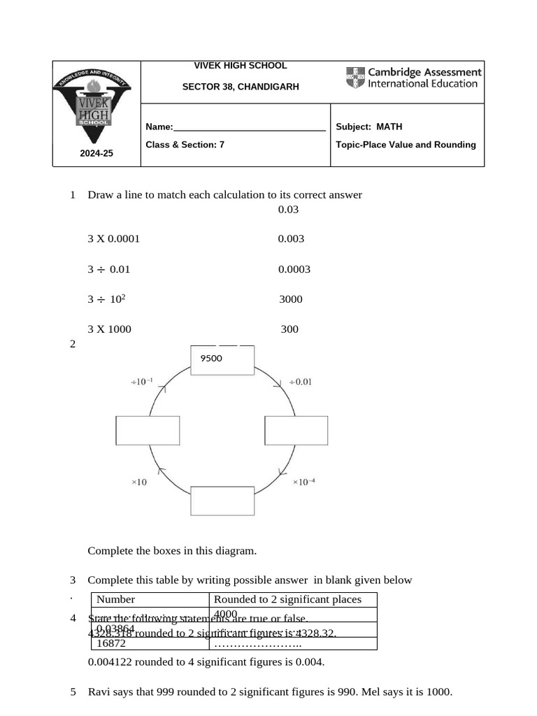 Ws-Class 7 2024-Place Value and Rounding | PDF