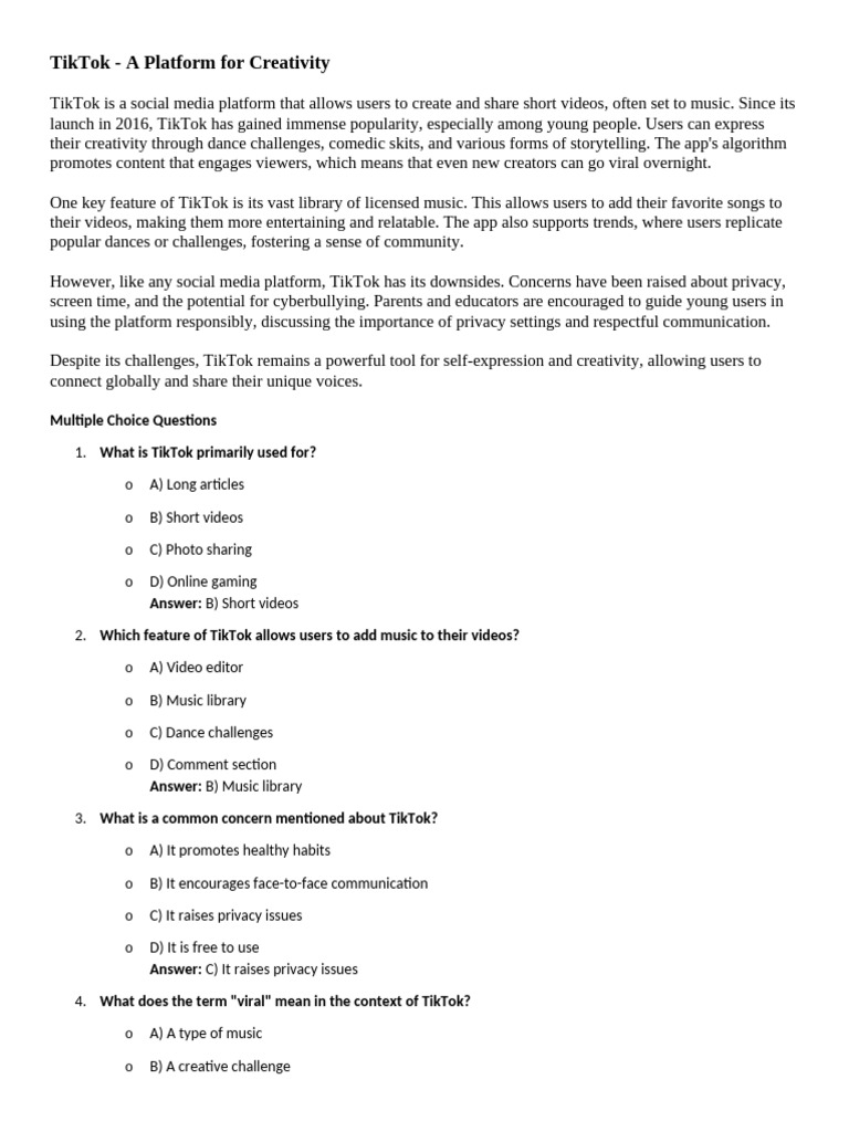 TikTok Reading Comprehension Passages | PDF | Social Media | Popular ...