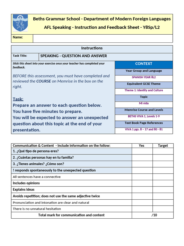 Year 8 Spanish Speaking Assessment Guide | PDF | Question | Learning