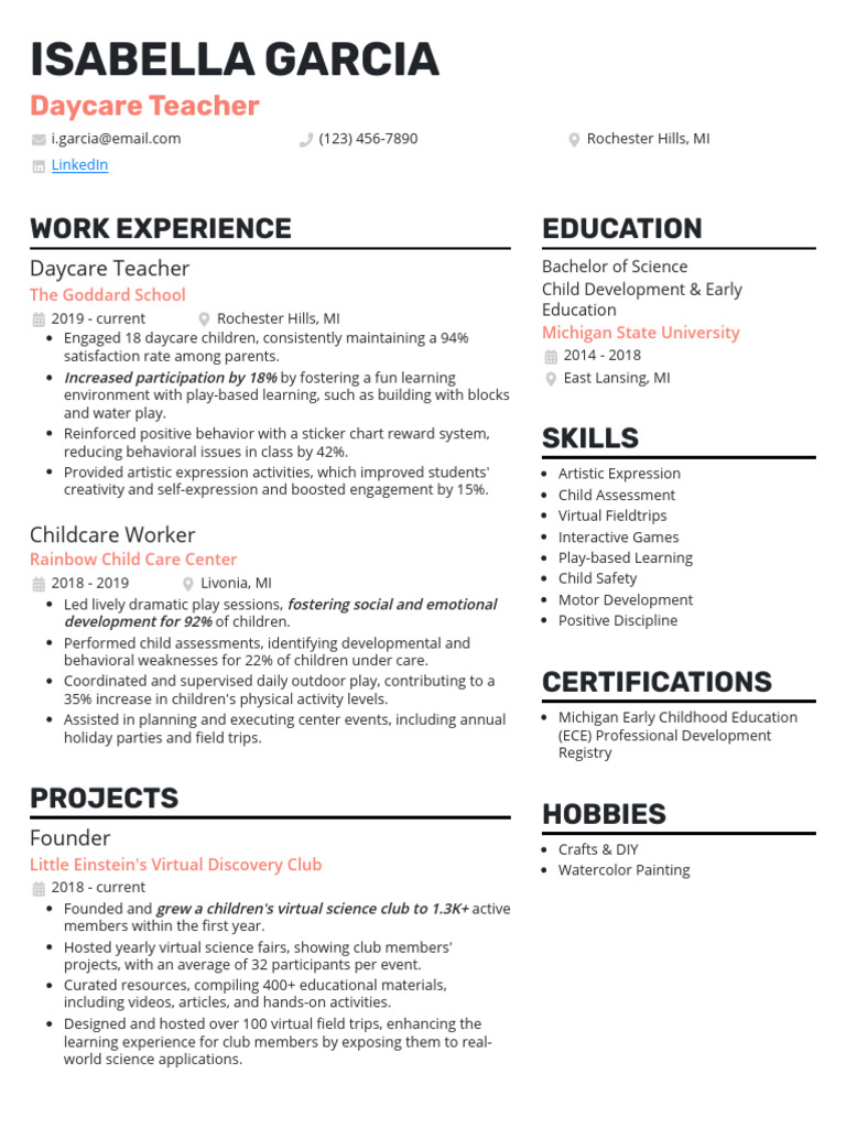 Daycare Teacher Resume Example | PDF | Child Care | Human Development