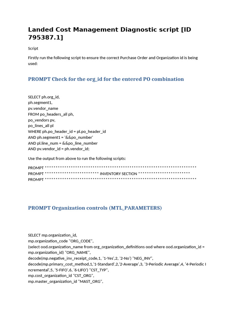 Landed Cost Management Diagnostic Script | PDF | Accounts Payable ...
