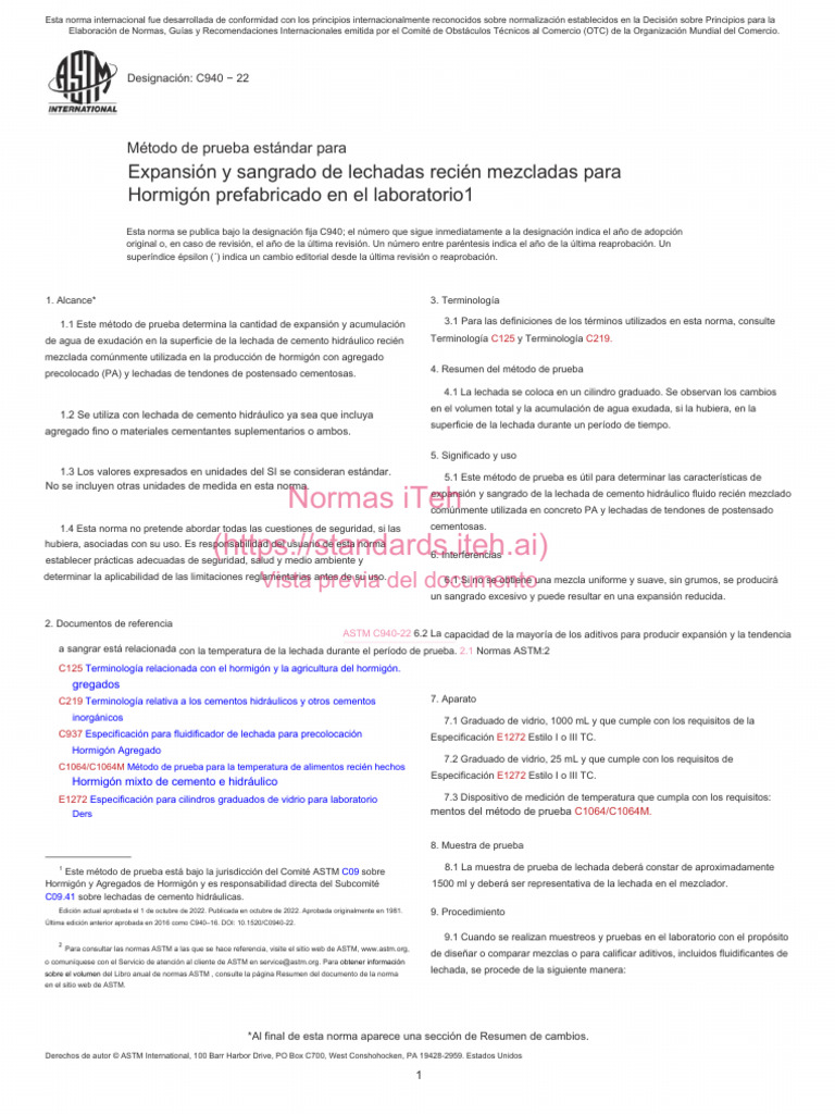 Trad Exudación ASTM-C940-22 | PDF | Hormigón | Cemento