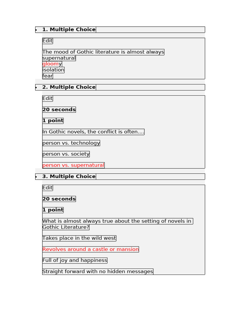Gothic Literature Quiz Questions | PDF