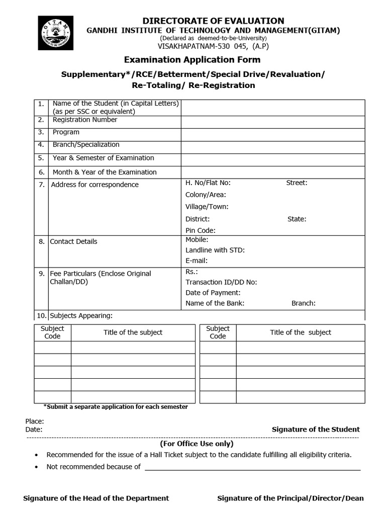 GITAM Examination Application Form | PDF