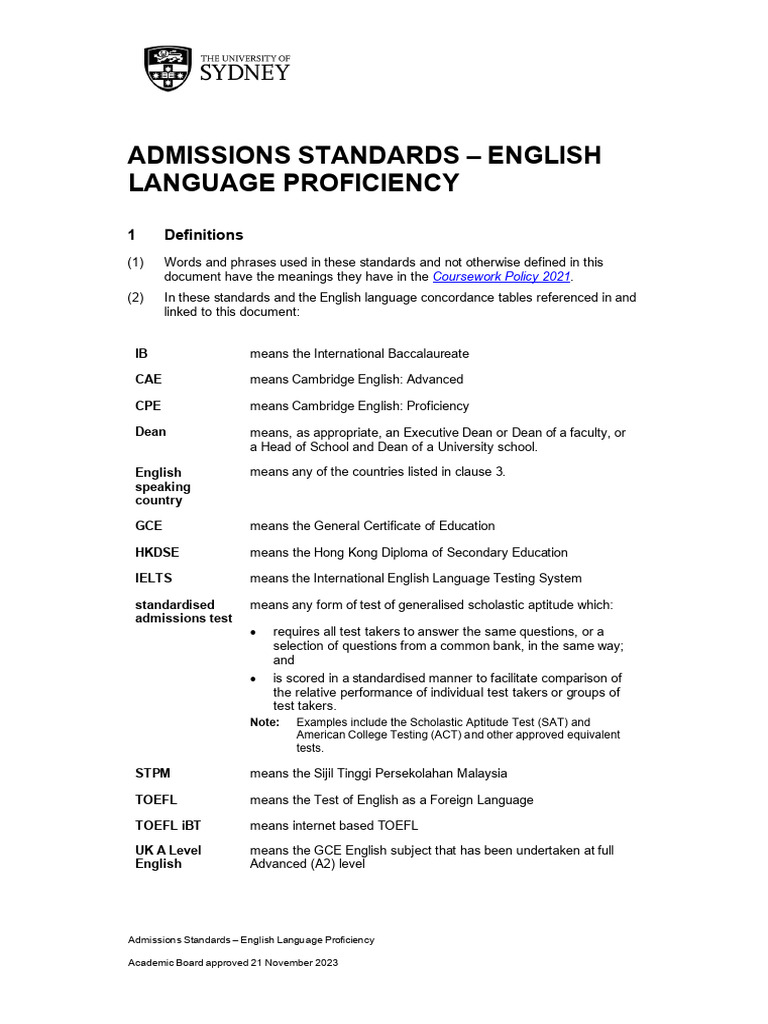Admissions Standards English Language Proficiency Policy | PDF ...