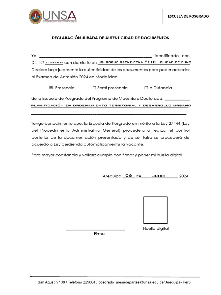 DECLARACION-JURADA-DE-AUTENTICIDAD-DE-DOCUMENTOS-2024 | PDF