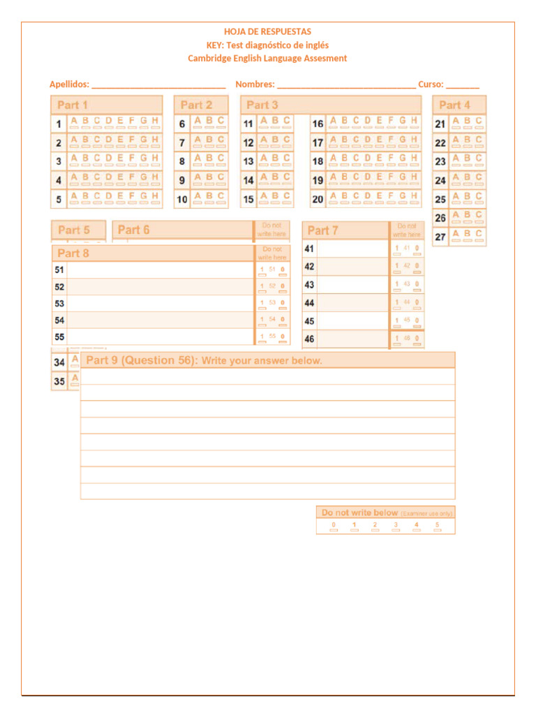 Answersheet KEY KET English Test | PDF