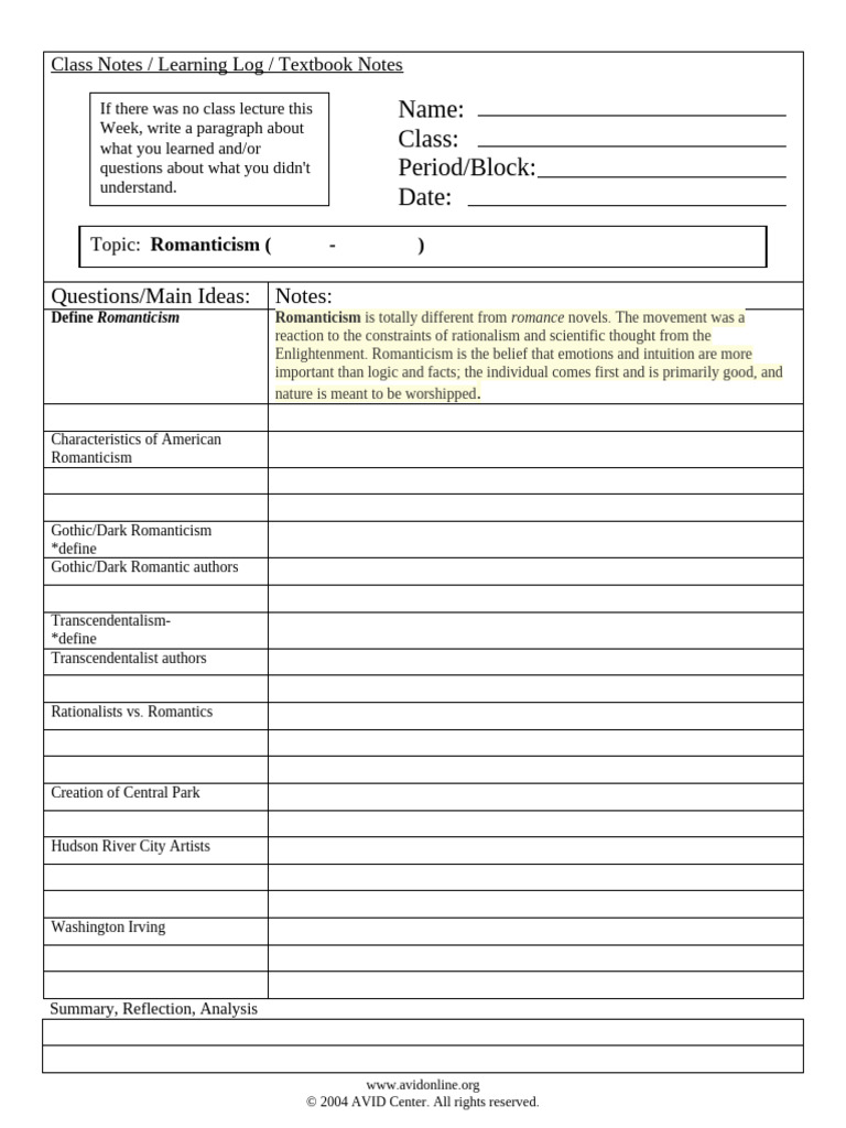 Cornell Notes For Romanticism | PDF