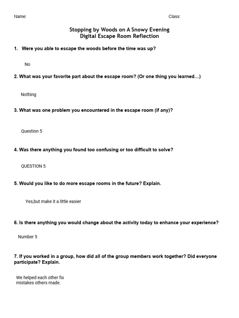 Narrative Escape Room Student Reflection Sheet | PDF
