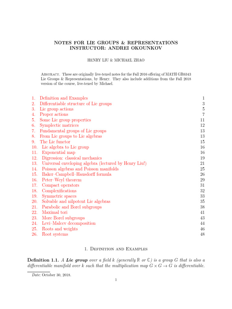 Lie Groups and Representations Notes | PDF | Lie Groups | Lie Algebra