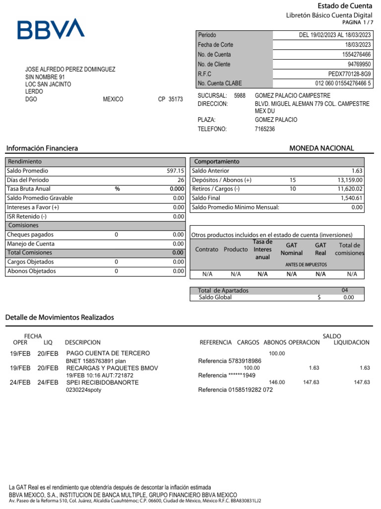 Extracto Bancario BBVA México 19/02-18/03 | PDF | Bancos | Economias