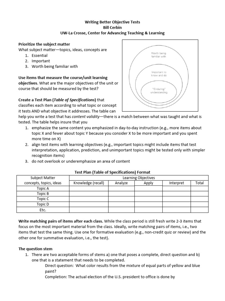 Writing Better Objective Tests Handout | PDF | Multiple Choice | Cognition