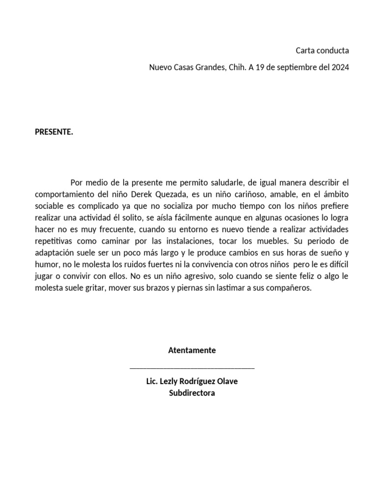 Informe de conducta de Derek Quezada | PDF