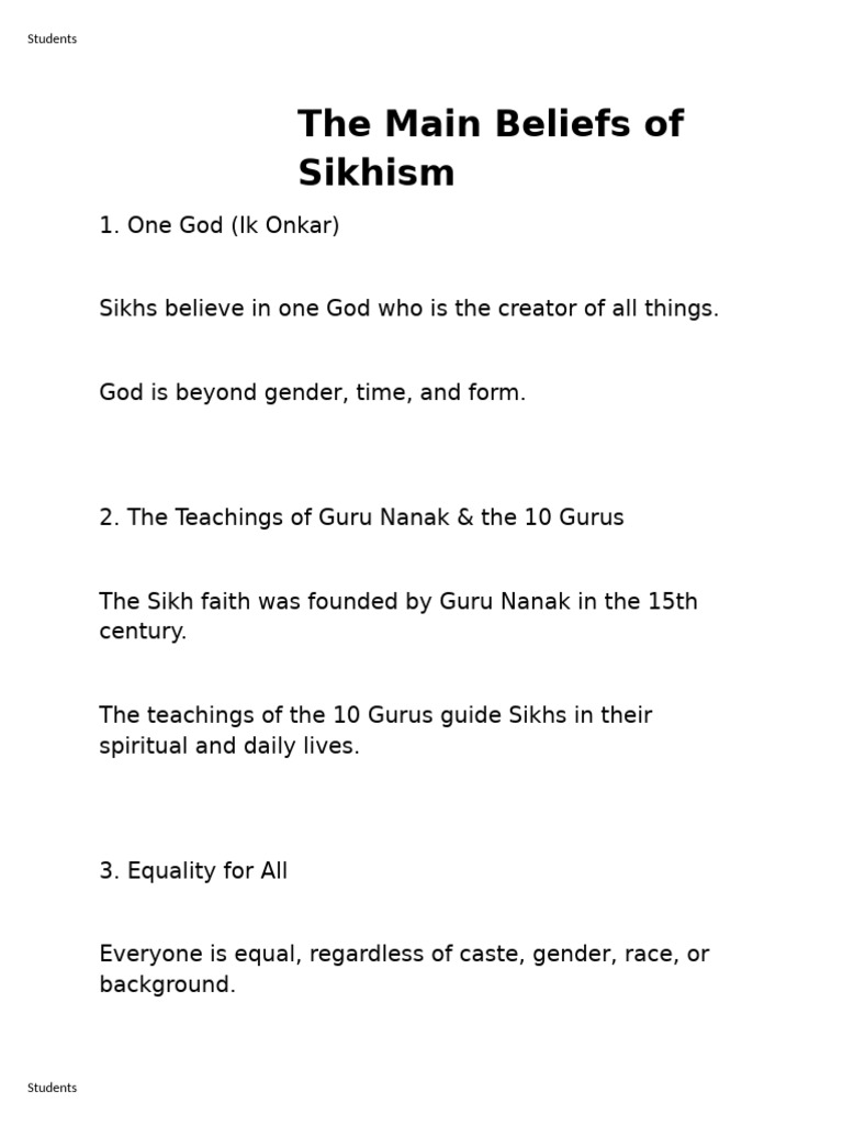 The Main Beliefs of Sikhism: Students | PDF