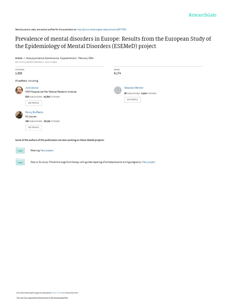 Prevalence of Mentaldisorders in Europe | PDF | Mental Disorder | Mood Disorders
