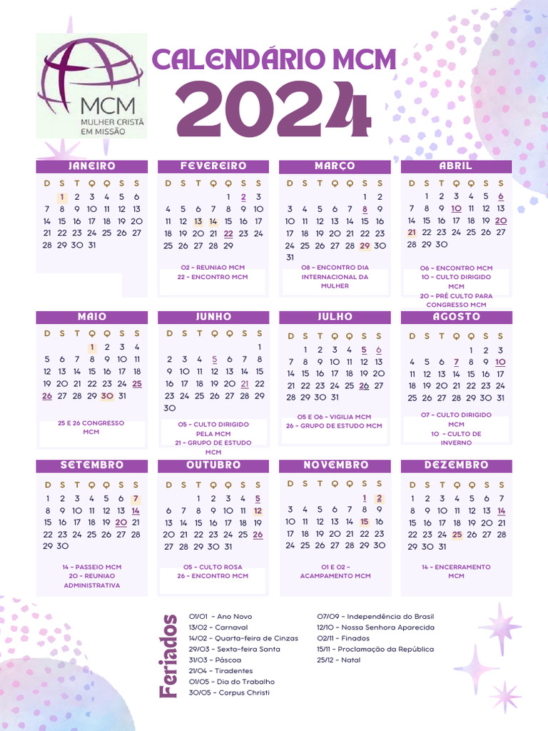 Calendário Lunar A4 2024 Com Fases Da Lua e Feriados Branco e Lilás | PDF
