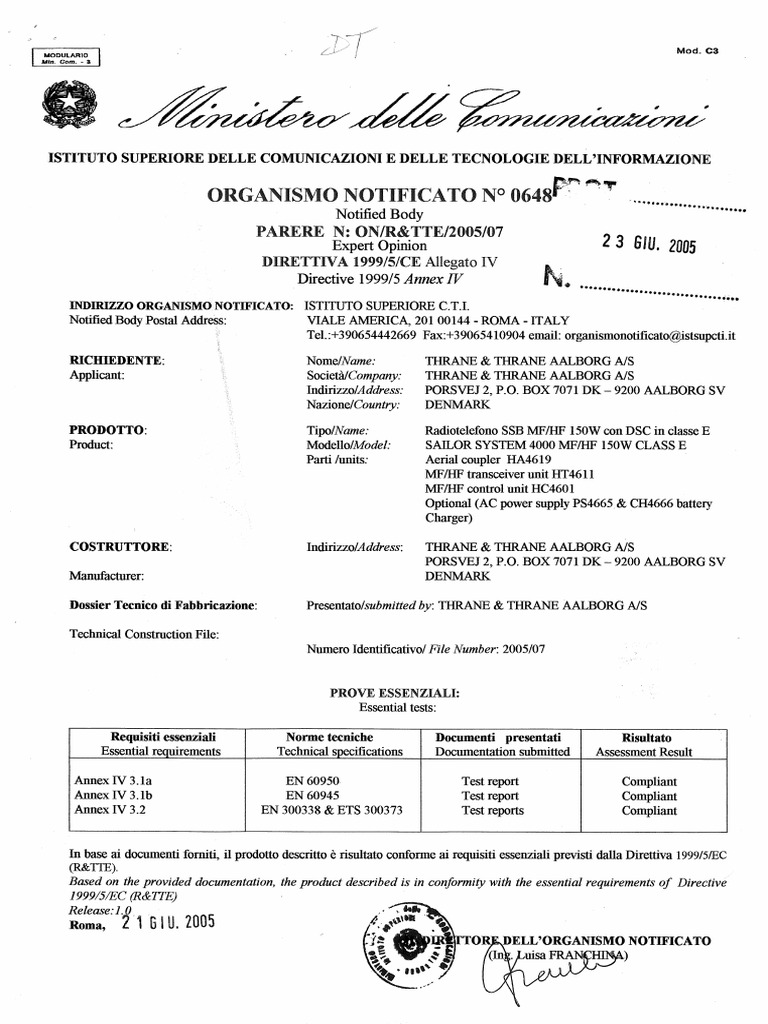 System 4000 MF-HF 150W Class E, R&TTE Type approval, Italy | PDF