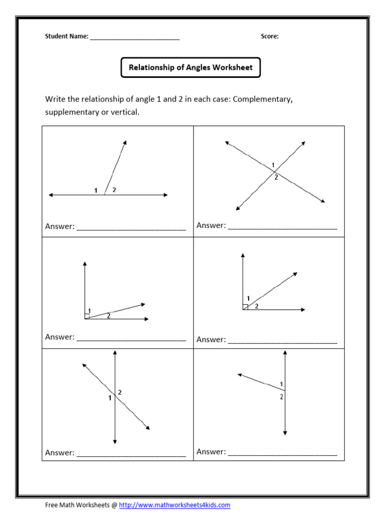 Relationship of Angles Worksheet 1 | PDF