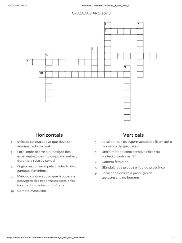 Palavras Cruzadas - 8 Ano Ativ 3 | PDF