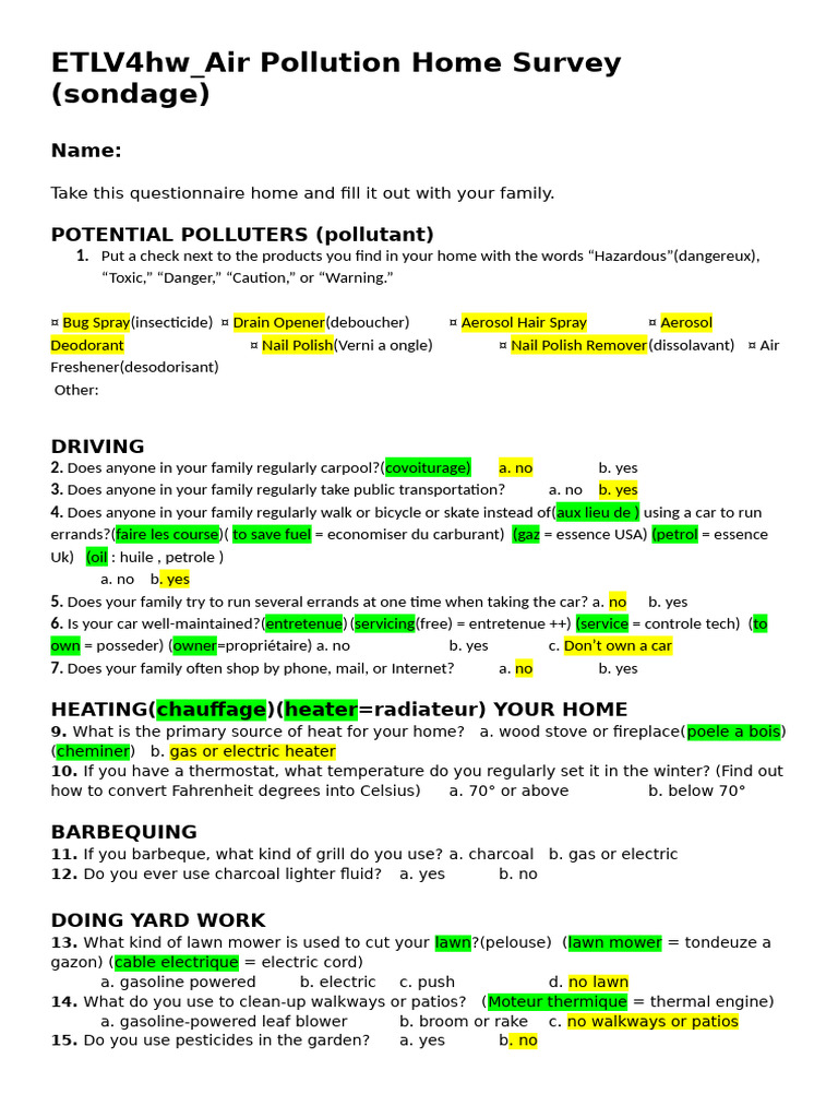 Home Air Pollution Survey Questionnaire | PDF | Lawn
