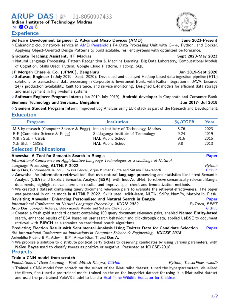 Arup Das: Software Engineer & NLP Expert | PDF | Deep Learning | Machine Learning