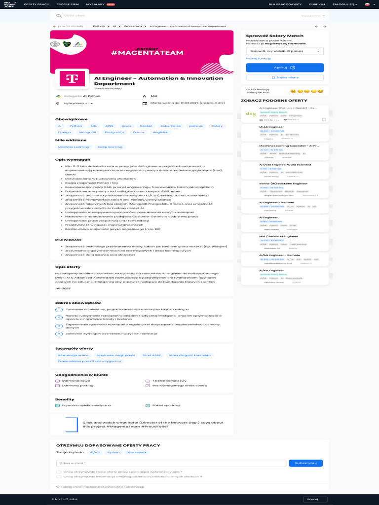 Praca AI Engineer - Automation & Innovation Department - AI - T-Mobile ...